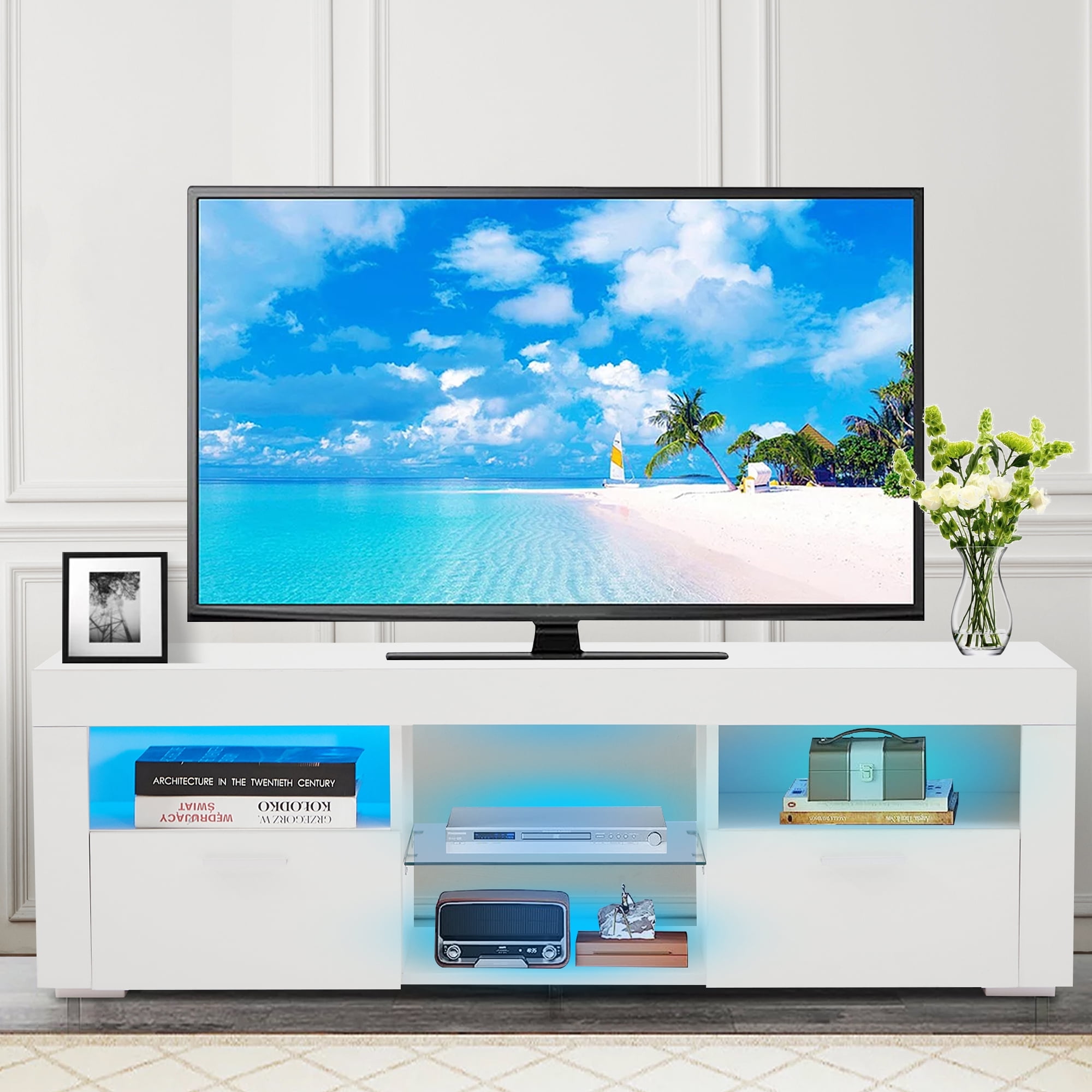 Seizeen TV Unit with 16-Color RGB LED Lights, 4 Open Shelves & 2 ...