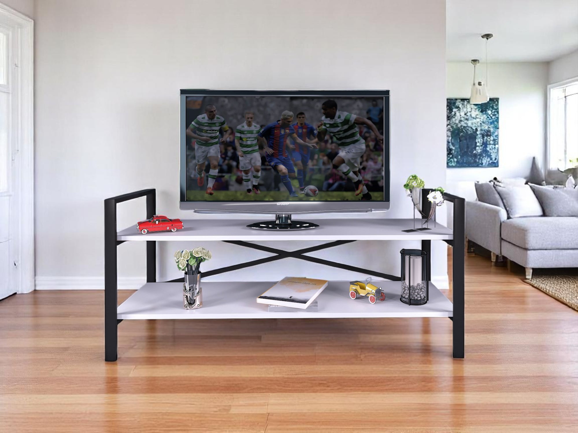 TV Stand 47" Ikra TV Stand with Black Metal Leg, Open Back Shelves for ...