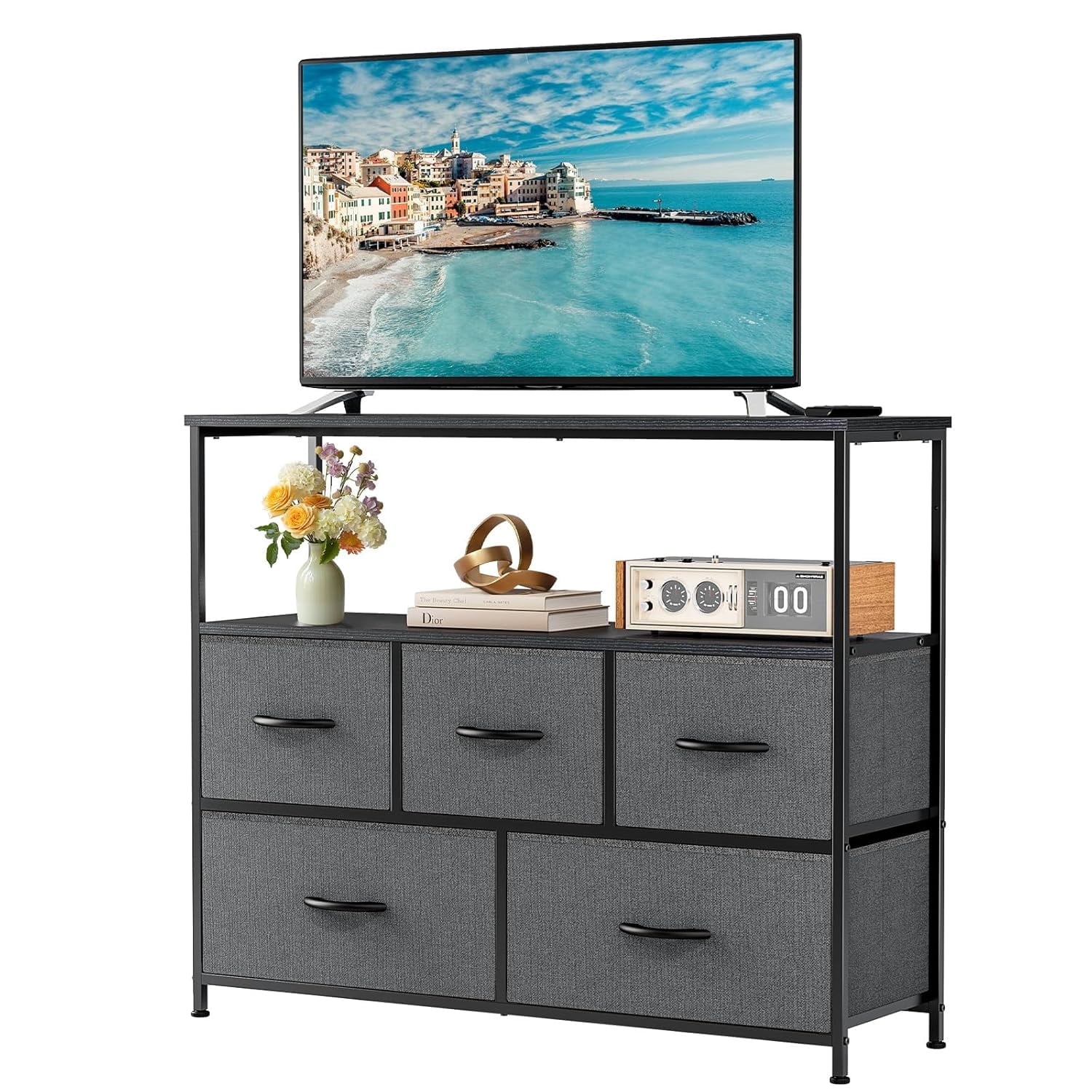 TV Stand with 5 Fabric Drawers, Dresser for Bedroom Entertainment ...