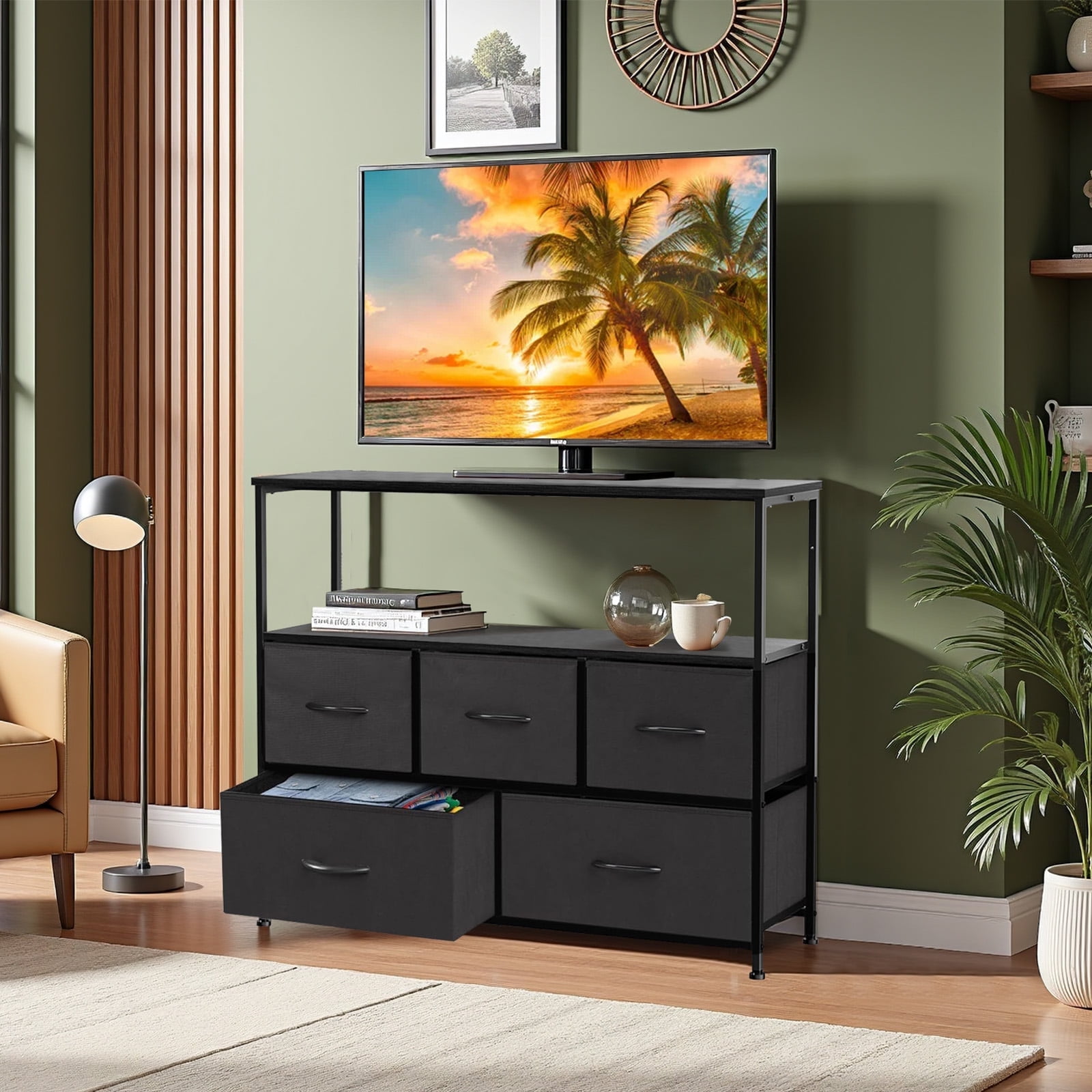 TINKLE WELL Storage dresser TV stand with 5 Fabric Drawers and Wood ...