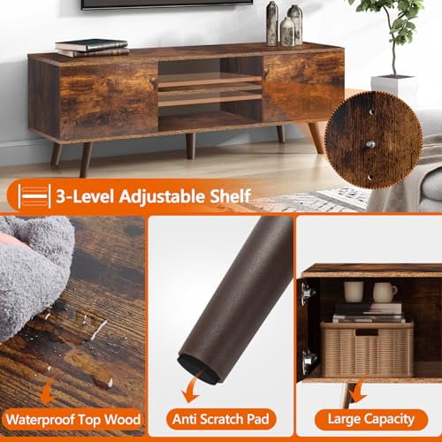 TV Stand for 55 60 Inch TV, Retro Brown Wood Television Stand 2 Cabinet Modern Entertainment ...