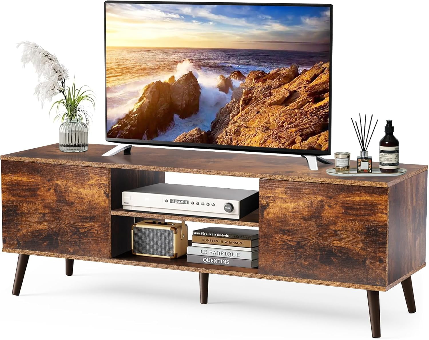 TV Stand for 55 60 Inch TV, Retro Brown Wood Television Stand 2 Cabinet Modern Entertainment ...
