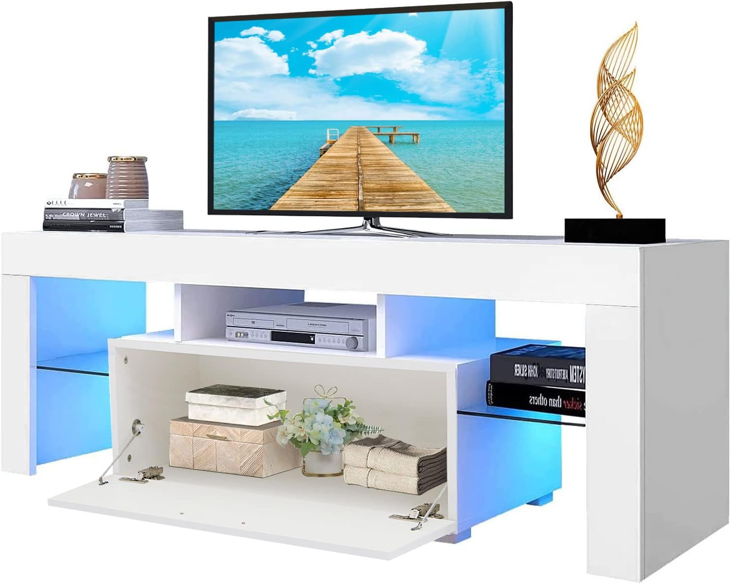 TV Stand for 55+ 60 inch Tvs - White Morden TV Stand with LED Lights ...