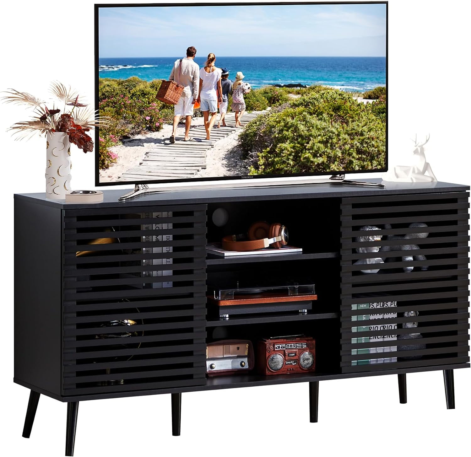 TV Stand for 55+ Inch TV, Boho Entertainment Center with Storage ...