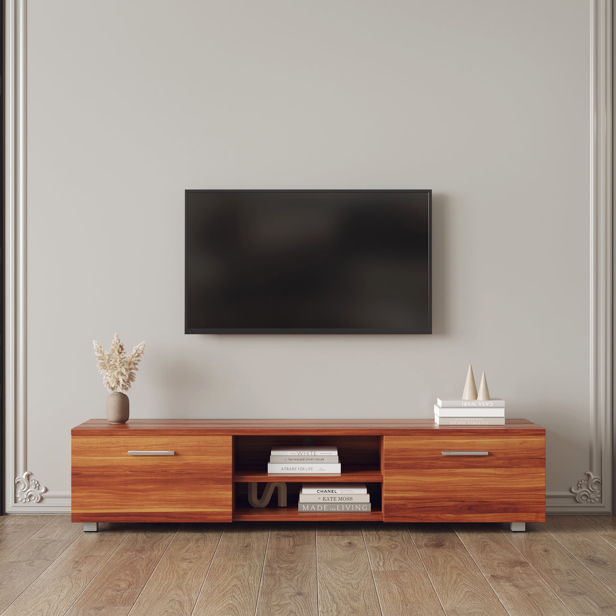 TV Stand for 55 Inch TV Television Table with 2 Storage Cabinet and Open Shelves Wood Storage Cabinet with 2 Doors for Living Room Bedroom Easy Assembly Update Brown 13.78 x15.75 x63 Walmart