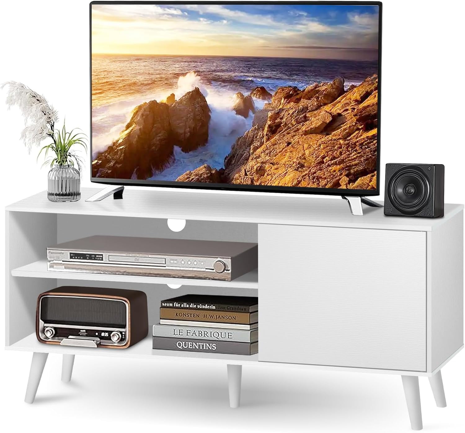 TV Stand for 55 Inch TV, White Wood Television Stand 1 Cabinet Modern ...