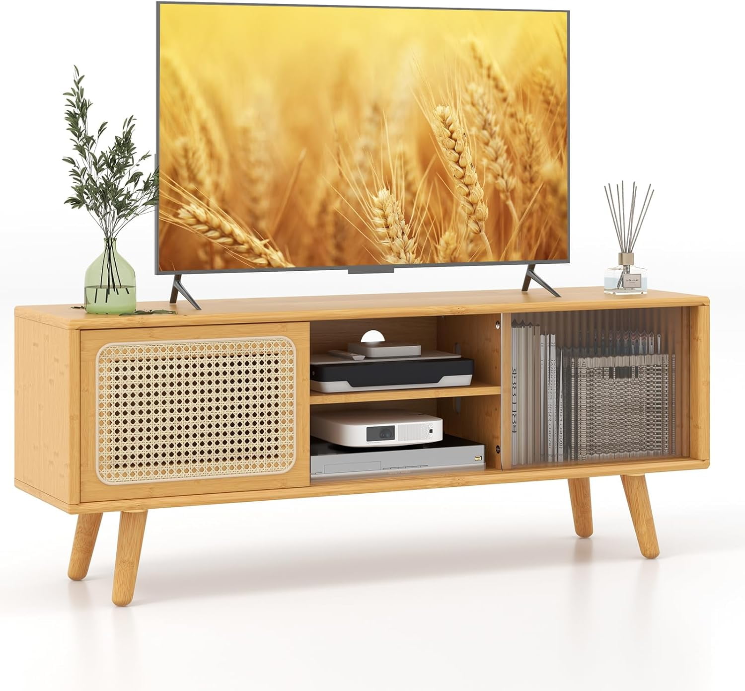 TV Stand for 55 inch TV, Bamboo Entertainment Center Media Console ...