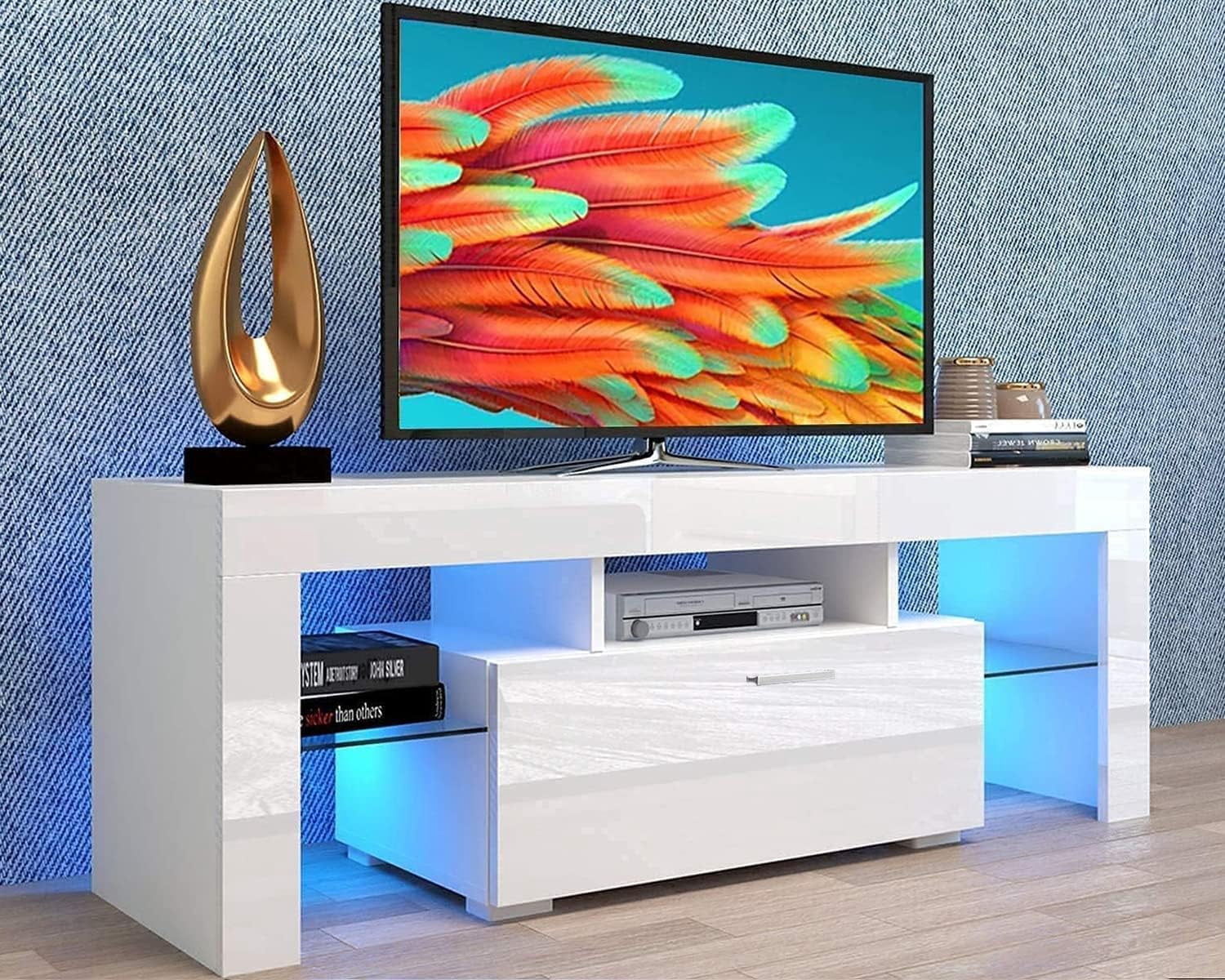 TV Stand for 55 inch TV with Storage - White TV Stand with LED Lights ...