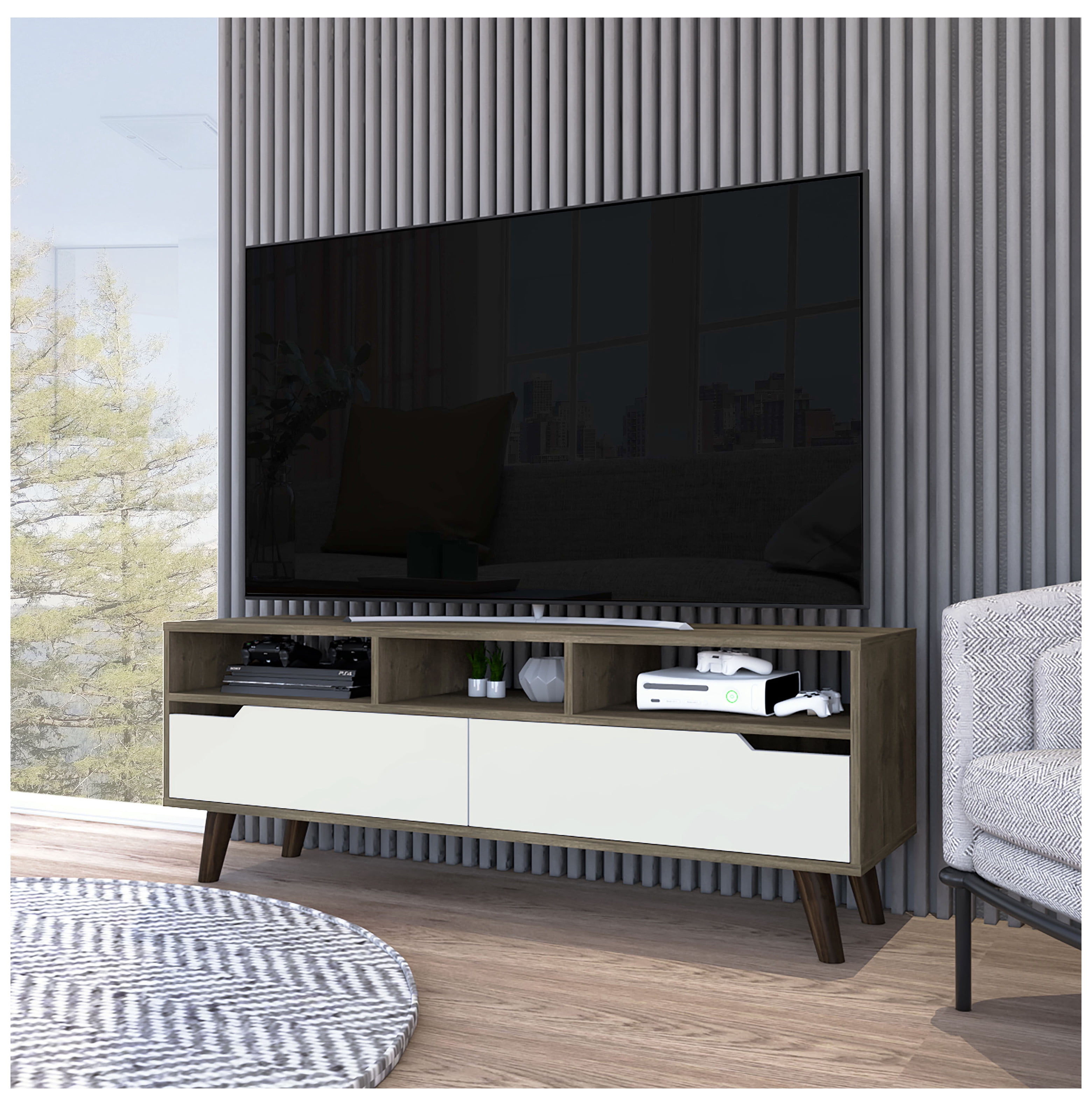 TV Stand 60 Inch Dark Walnut & White - 2 Drawer 3 Shelf Media Console ...