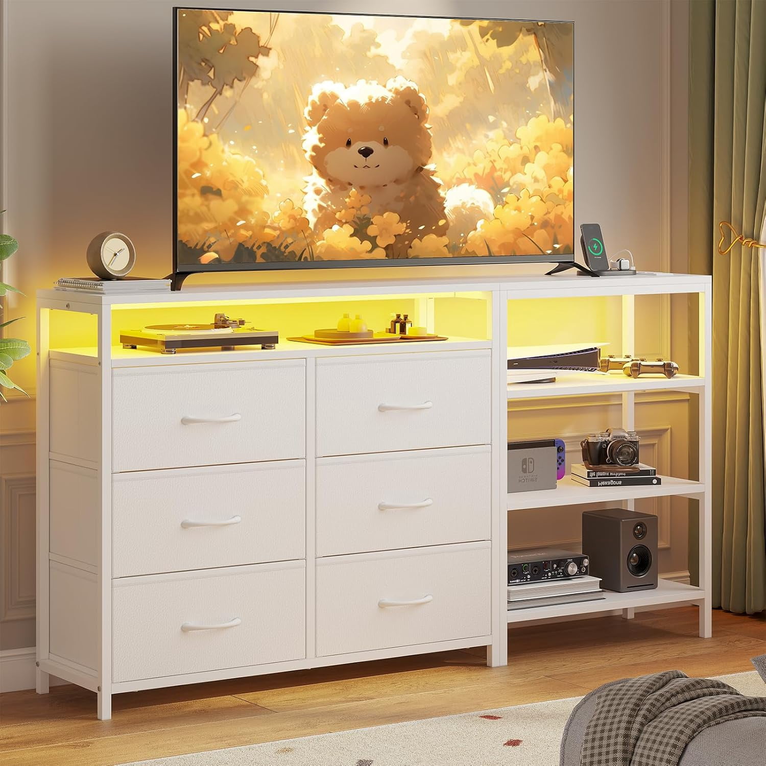 TV Stand for 60 Inch TV,Entertaiment Center with LED Lights & Charging ...