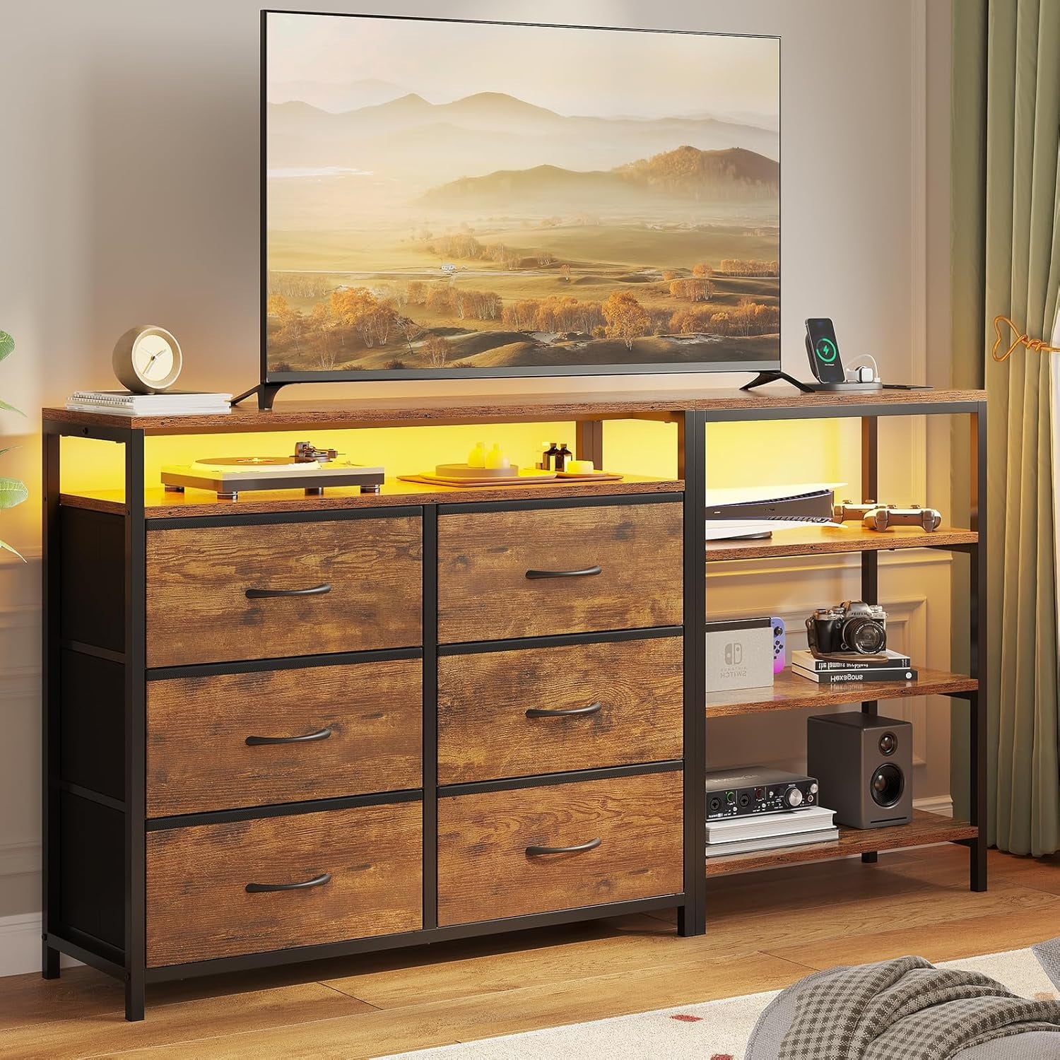 TV Stand for 60 Inches With Charging Station & LED Lights, 6 Fabric ...