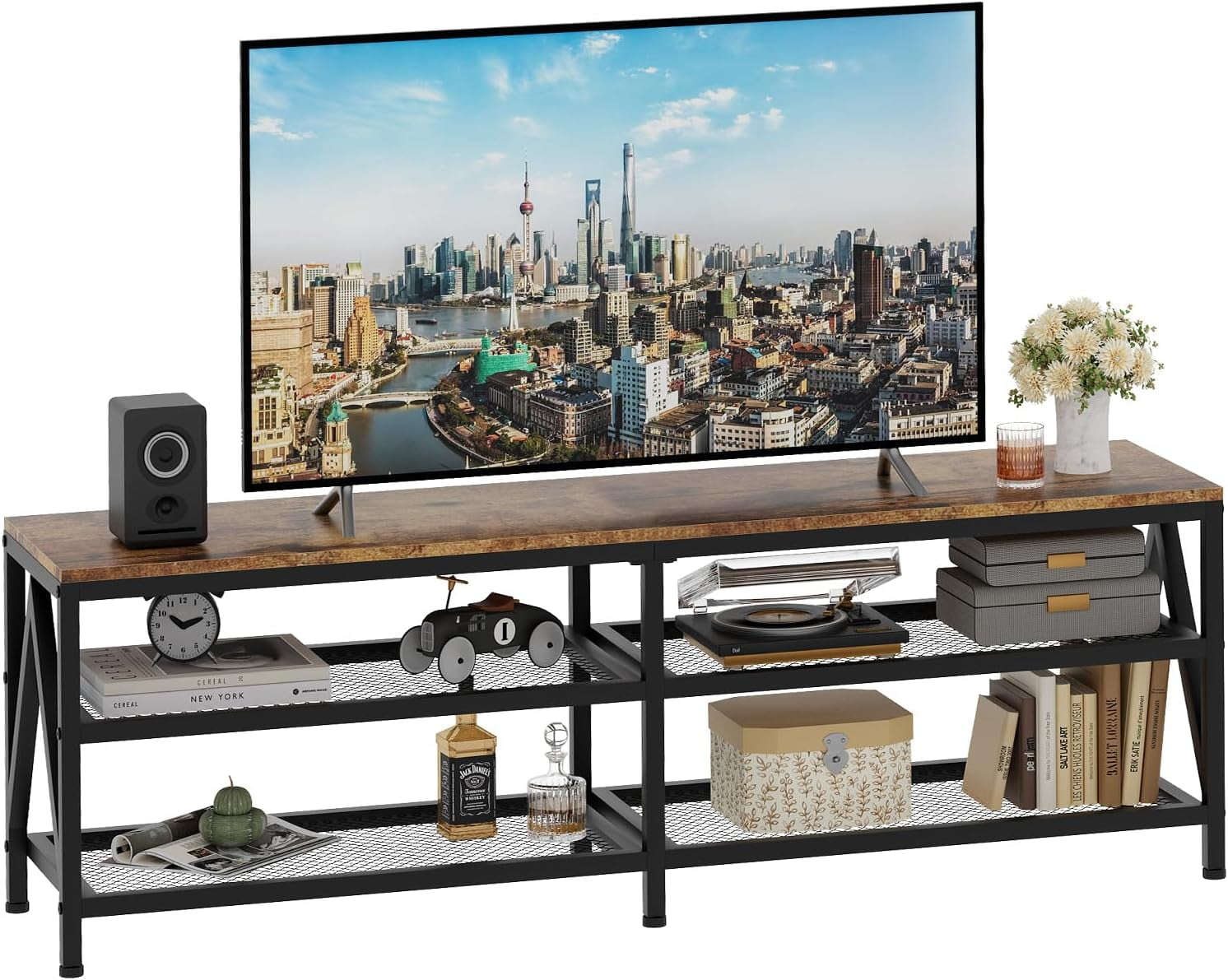 TV Stand for TV up to 65 Inch, Long 55" TV Cabinet with 3-Tier Storage ...