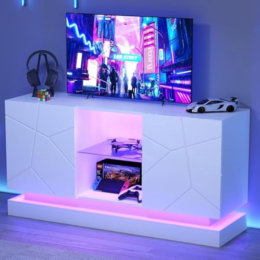TV Stand for Up to 65 Inch, Modern Entertainment Center With LED Light ...