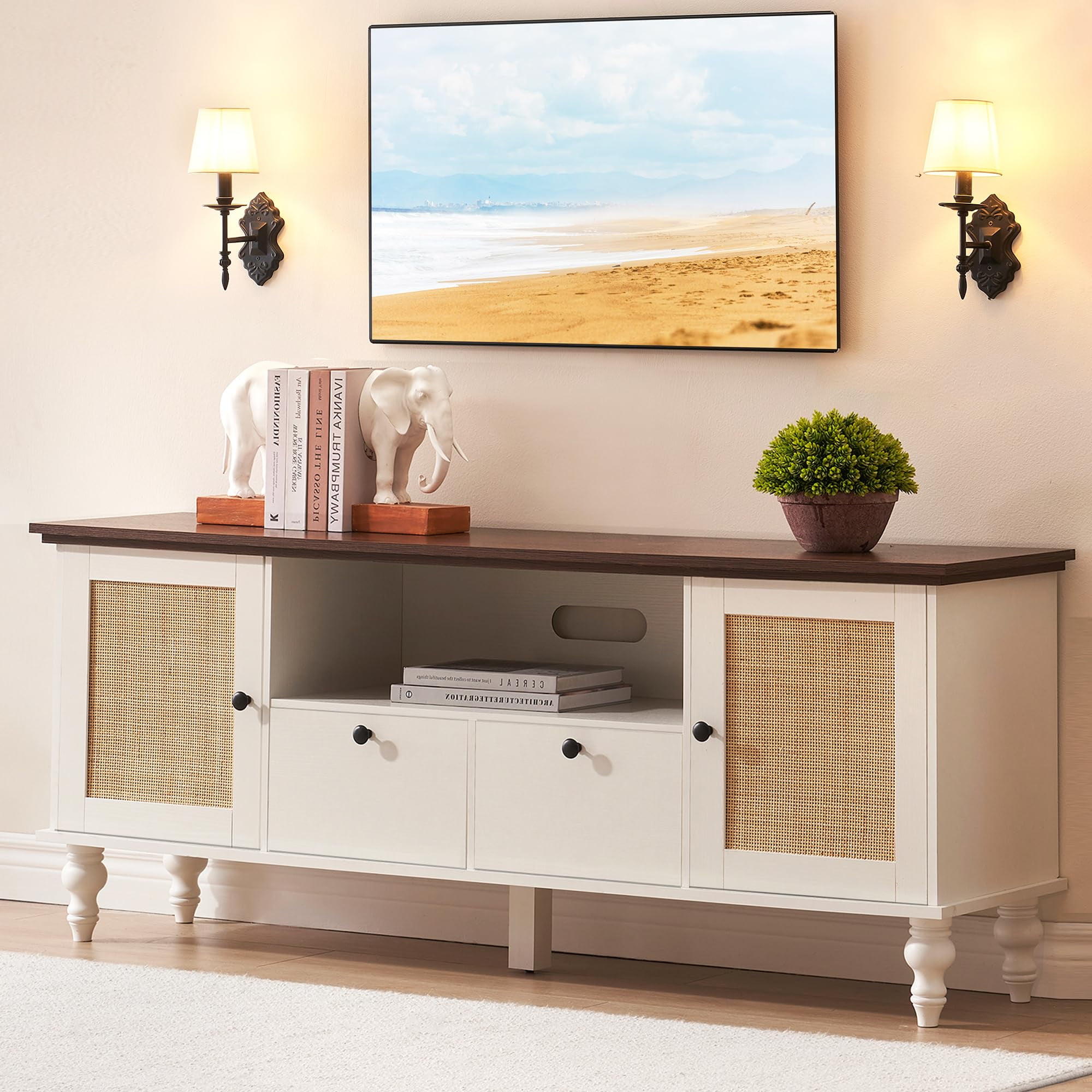 TV Stand for 65+ Inch TV, Rattan Entertainment Center TV Media Console ...