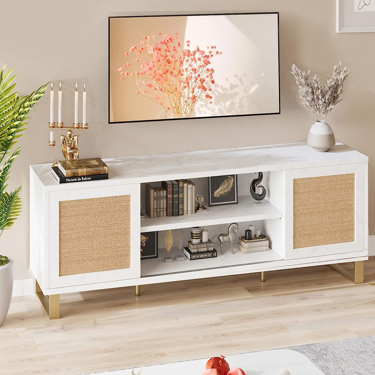 TV Stand for 65 Inch TV, White Entertainment Center Modern TV Console ...