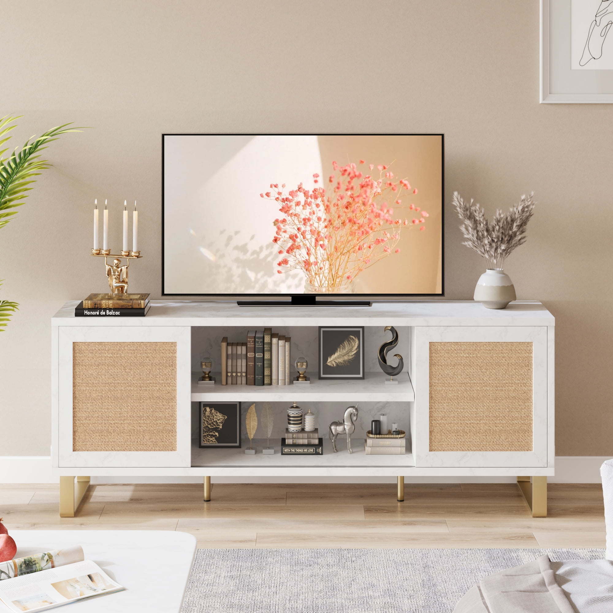 TV Stand for 65 Inch TV, White Entertainment Center Modern TV Console ...