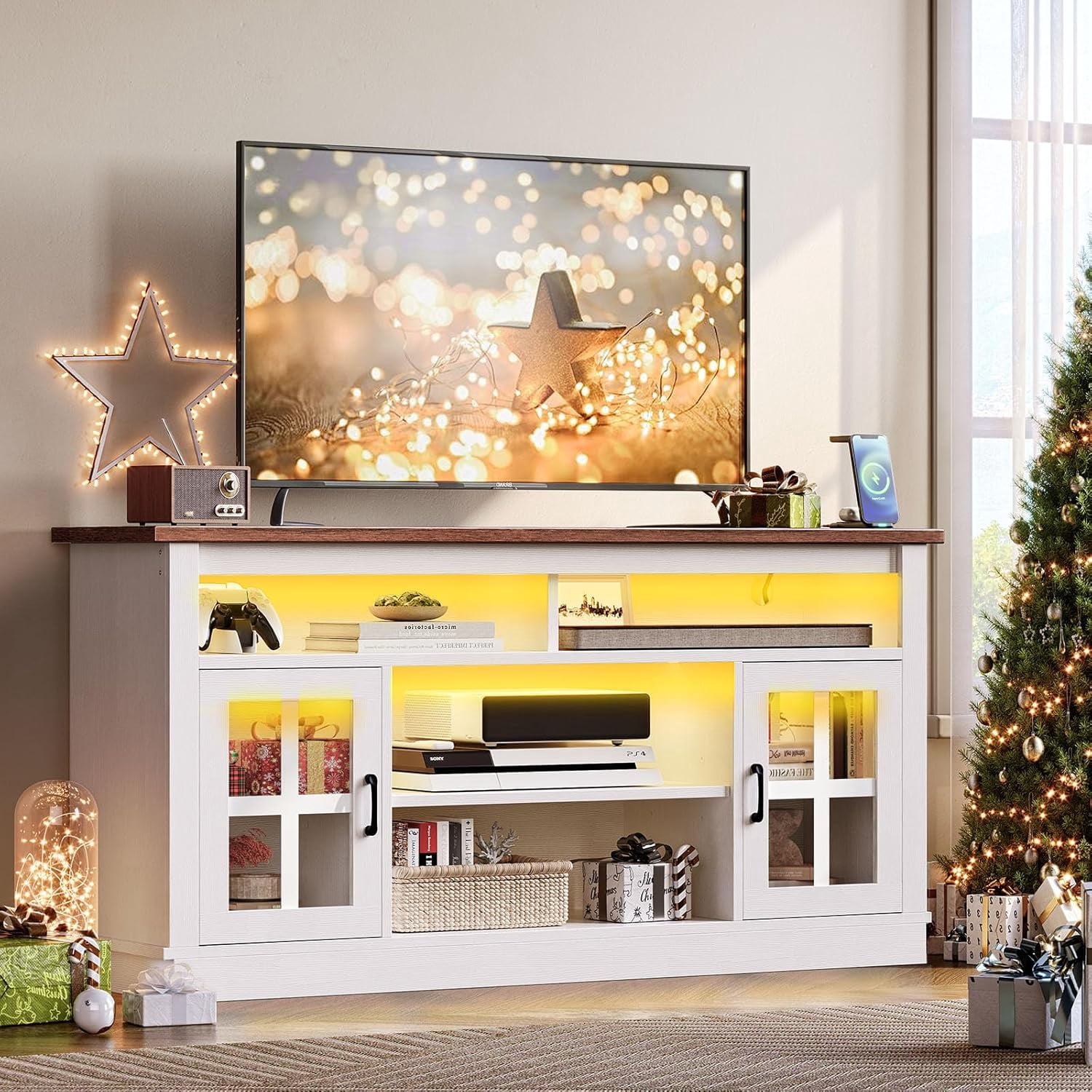 TV Stand for 65 Inch TVs,Farmhouse Entertainment Center with LED Lights ...
