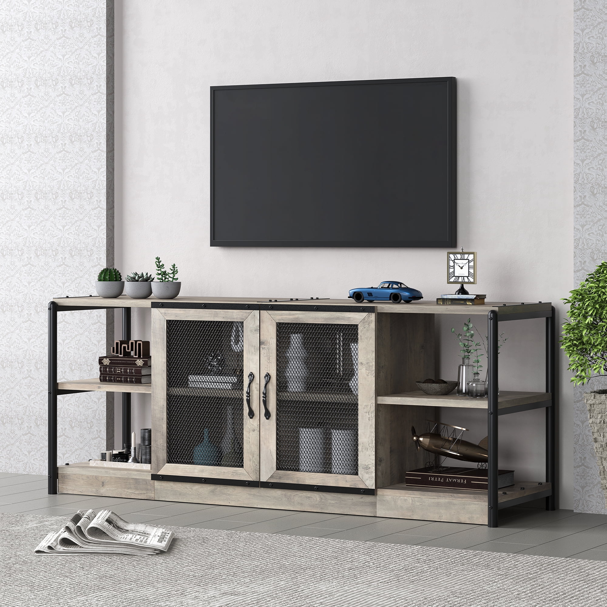 TV Stand for 65 inch TV with Mesh Door, Industrial TV Entertainment ...
