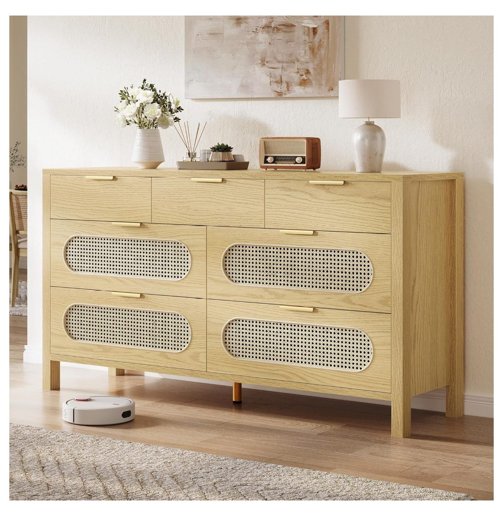 TV Stand 7 Drawer Dressers Storage Cabinet Natural Rattan Oak Wooden ...