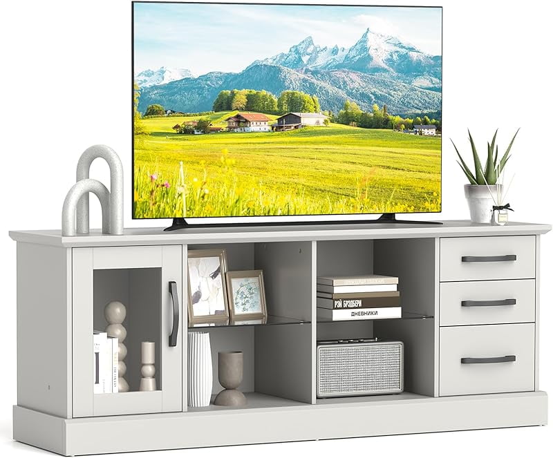 TV Stand for 73 Inch TV, Wood TV Console Table w/Removable Glass ...