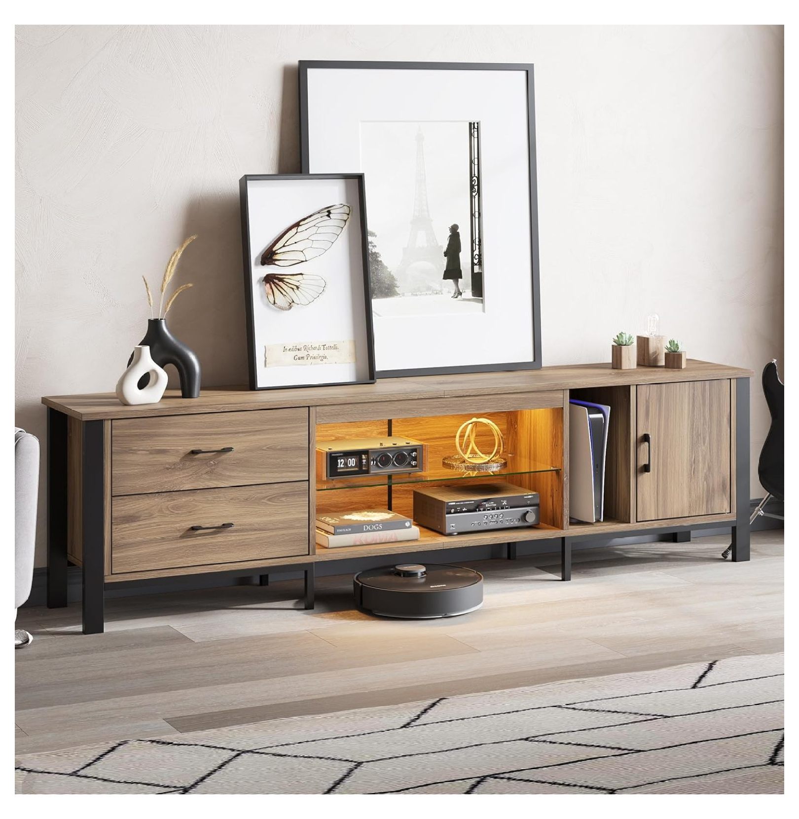 TV Stand for 75/80/85 inch TV, LED Gaming Entertainment Center, Modern TV Cabinet with Glass ...