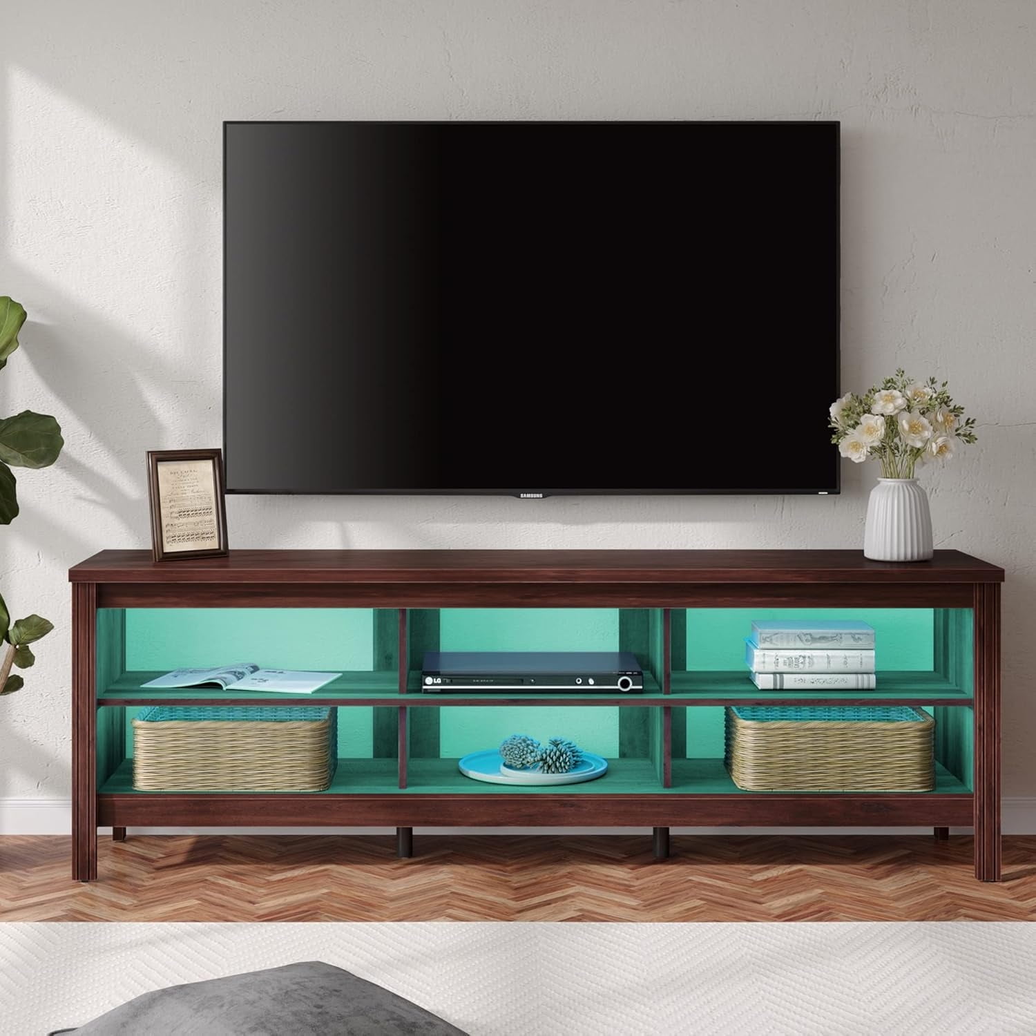 TV Stand for 75 Inch TV with 16 Changable LED Lights Wood Entertainment ...