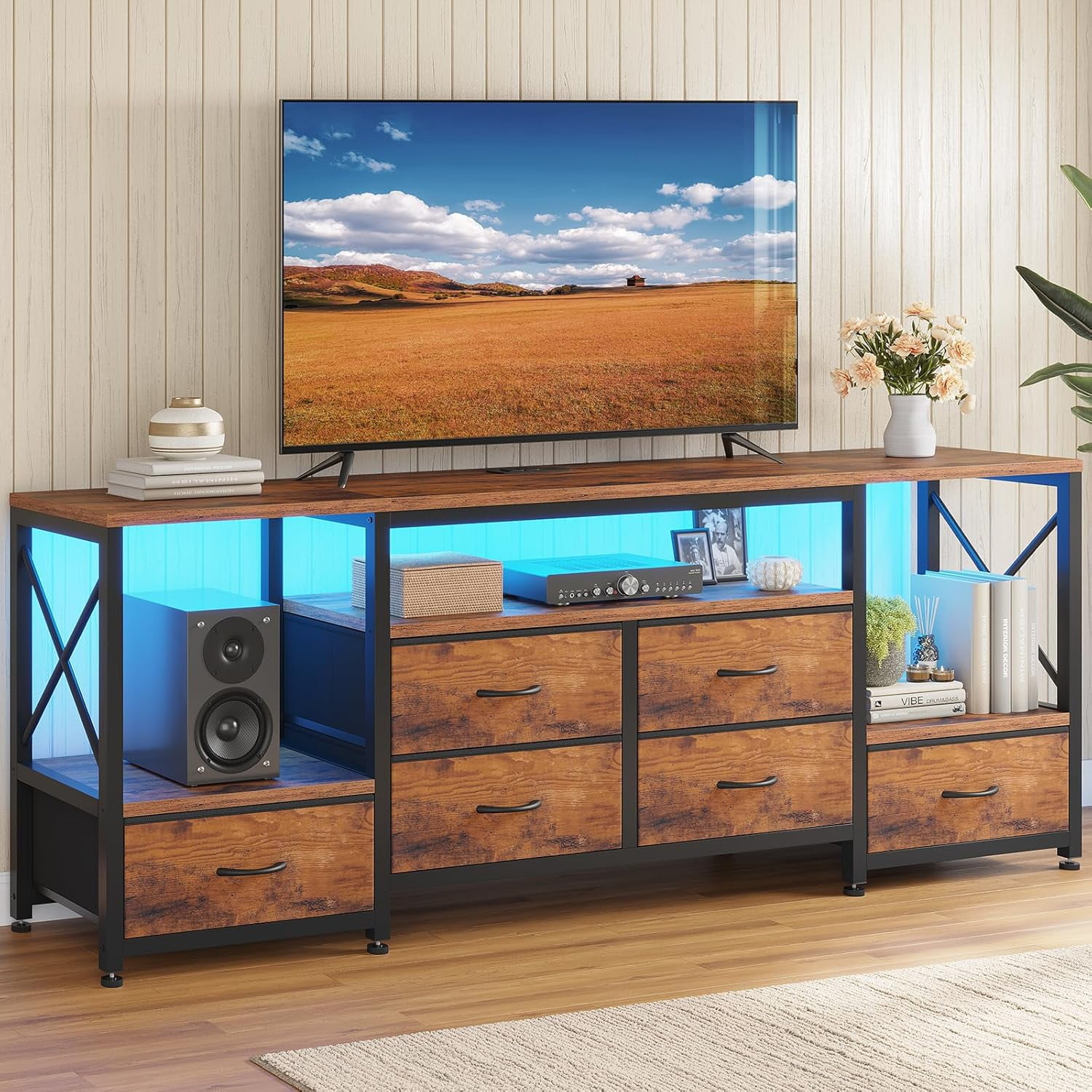 TV Stand for 75 Inch TV, Entertainment Center with LED Light & Power ...