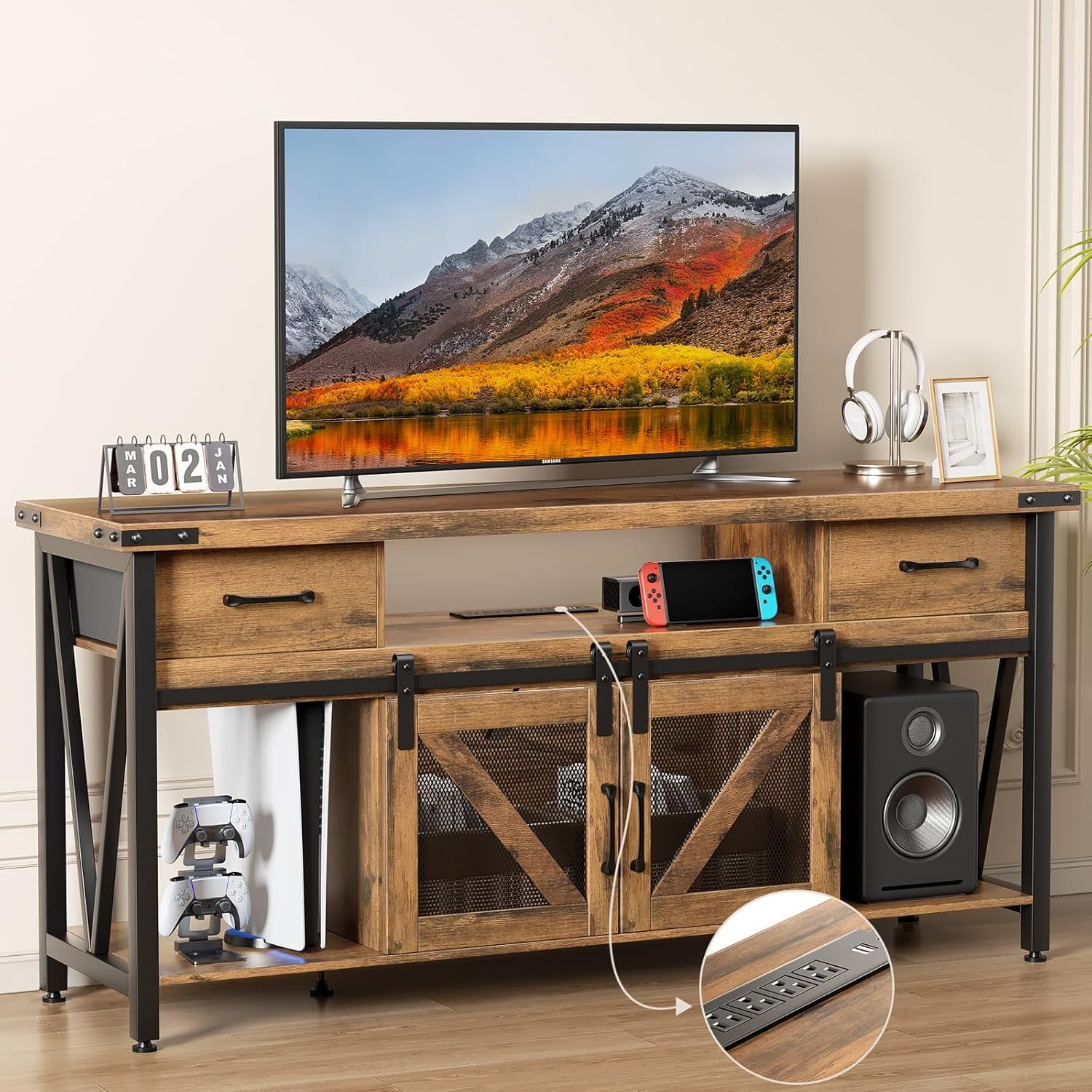 TV Stand for 75 Inch TV,Entertainment Center with Power Strip & Storage ...