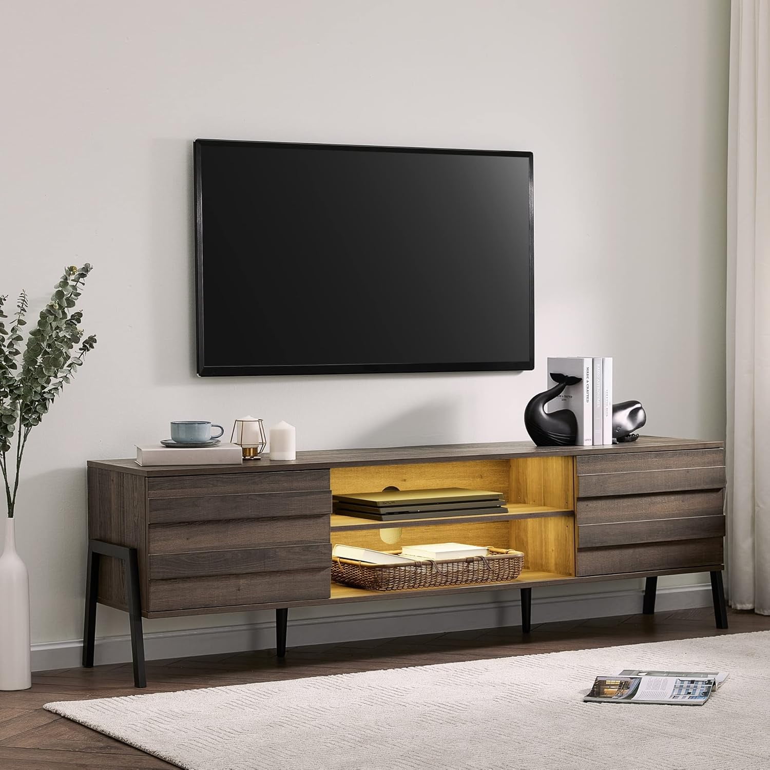 TV Stand for 75 Inch TV with Yellow LED Light, Media Console Table ...