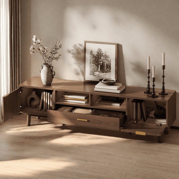 TV Stand for 75 Inch TVs, Mid Century Modern TV Console with Soft-Close ...