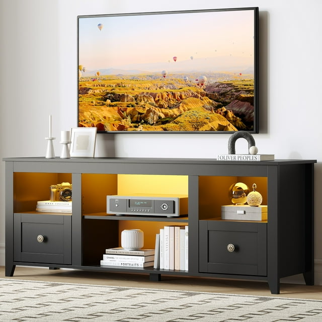 PAPROOS High-Gloss LED TV Stand for Living Room, 75 inch Black Media ...