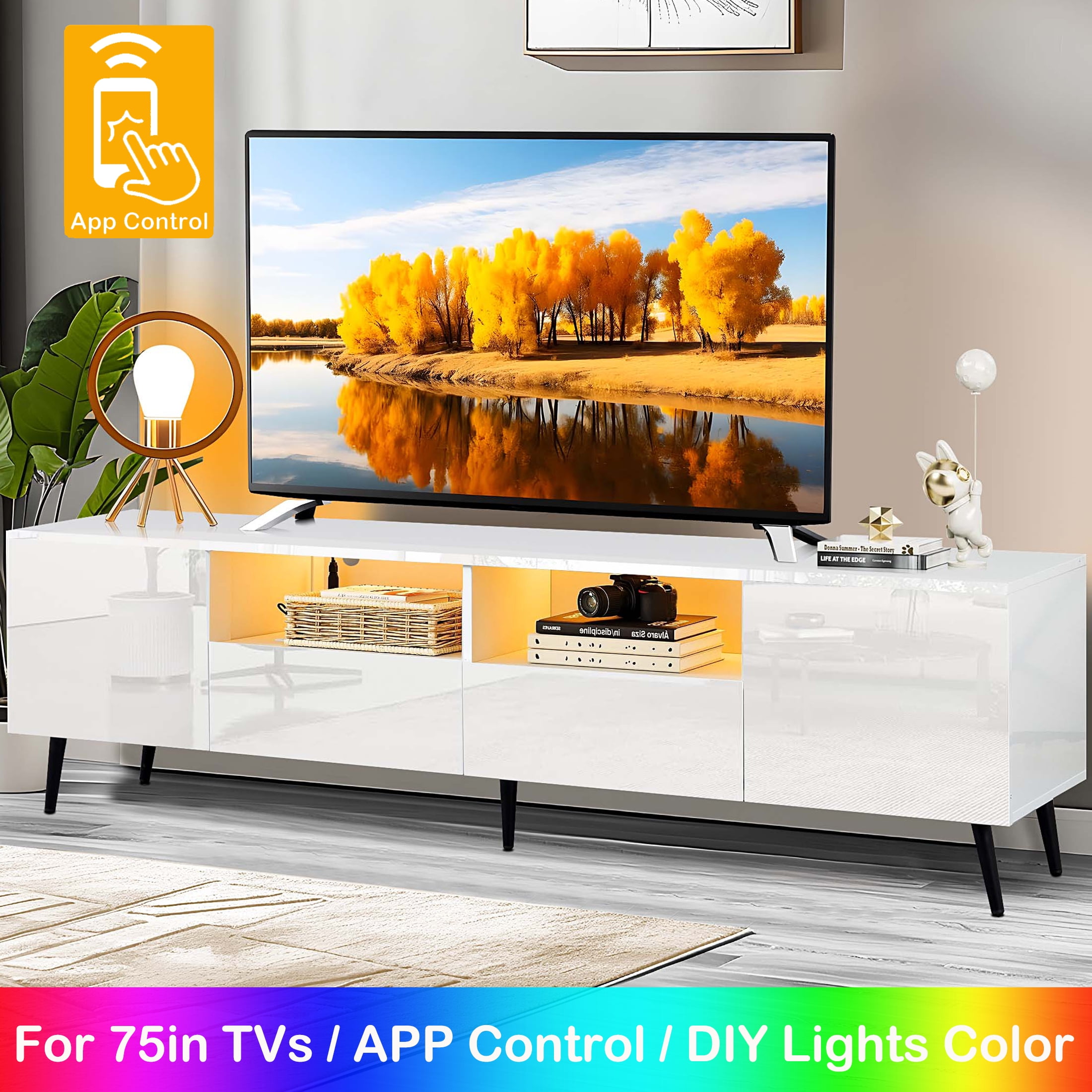 TV Stand for 75 inches TV, PAPROOS LED Entertainment Center for Living ...