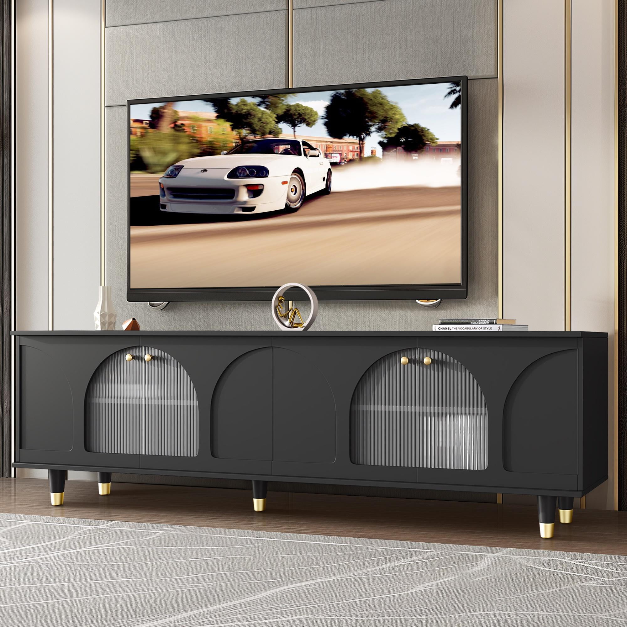 TV Stand for 78" TVs, TUANLUO TV Cabinet with 4 Arch Fluted Glass Doors ...