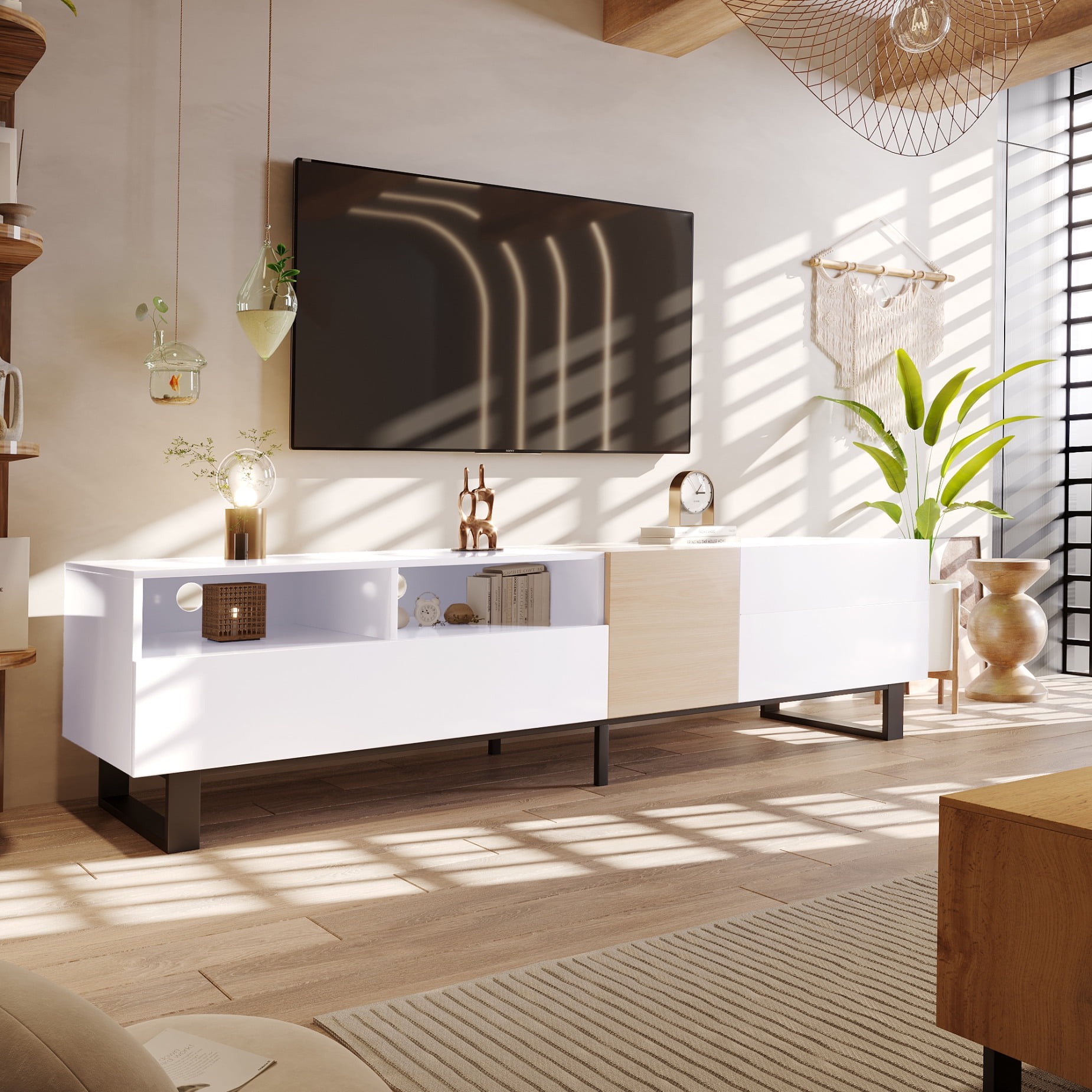 TV Stand for 80'' TV with Double Storage Space, Modern Media Console ...