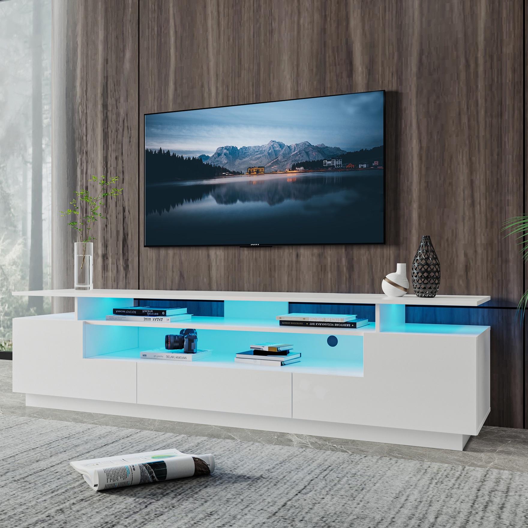 TV Stand for 80'' TV, White Entertainment Center with 20-Color LED ...
