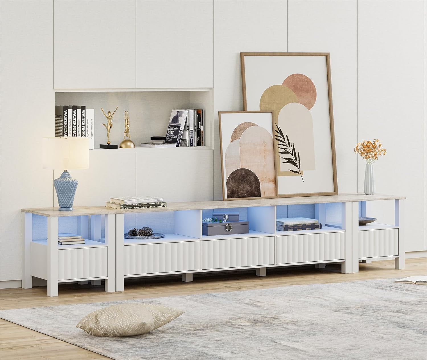 TV Stand for 85+ Inch TV with 16 Color LED Light White Entertainment ...