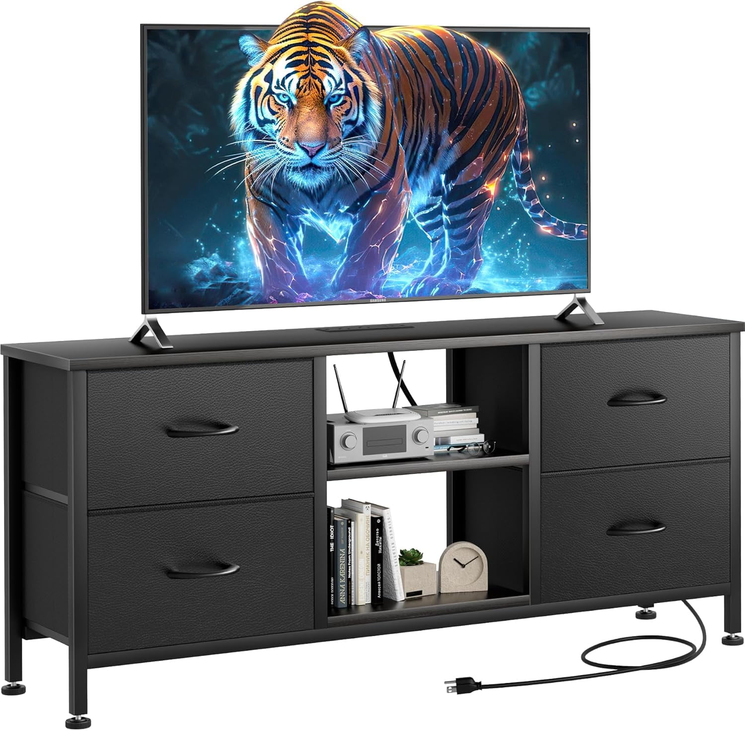 TV Stand for Bedroom, Dresser TV Stand with 4 PU Drawers & Open Shelves ...