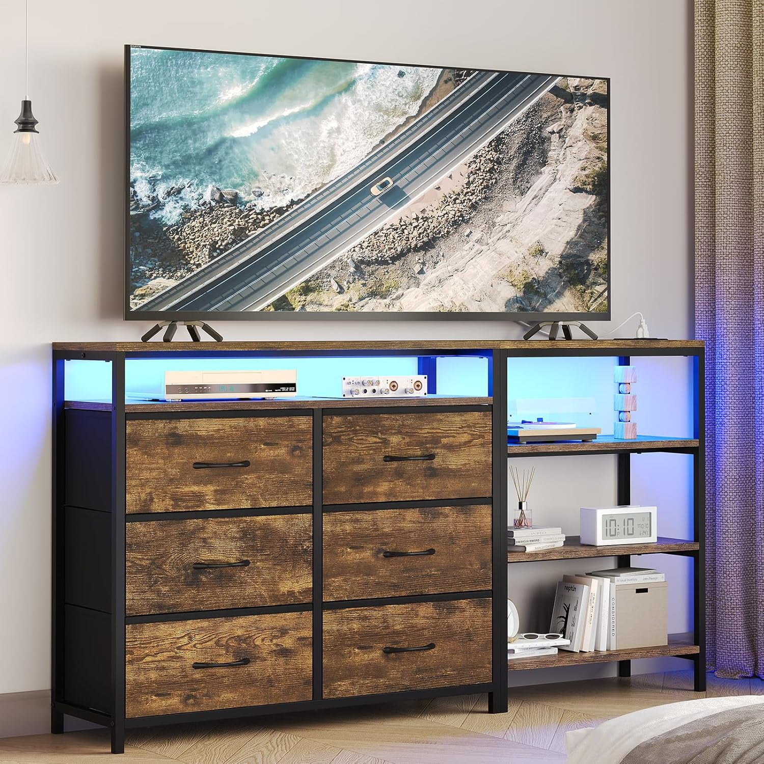 TV Stand for Bedroom with Power Outlets and LED Lights, TV Stand ...