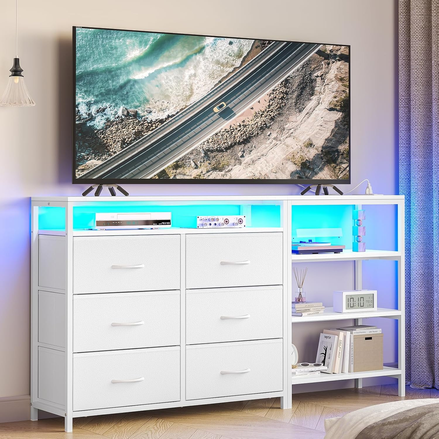 TV Stand for Bedroom with Power Outlets and LED Lights, TV Stand ...