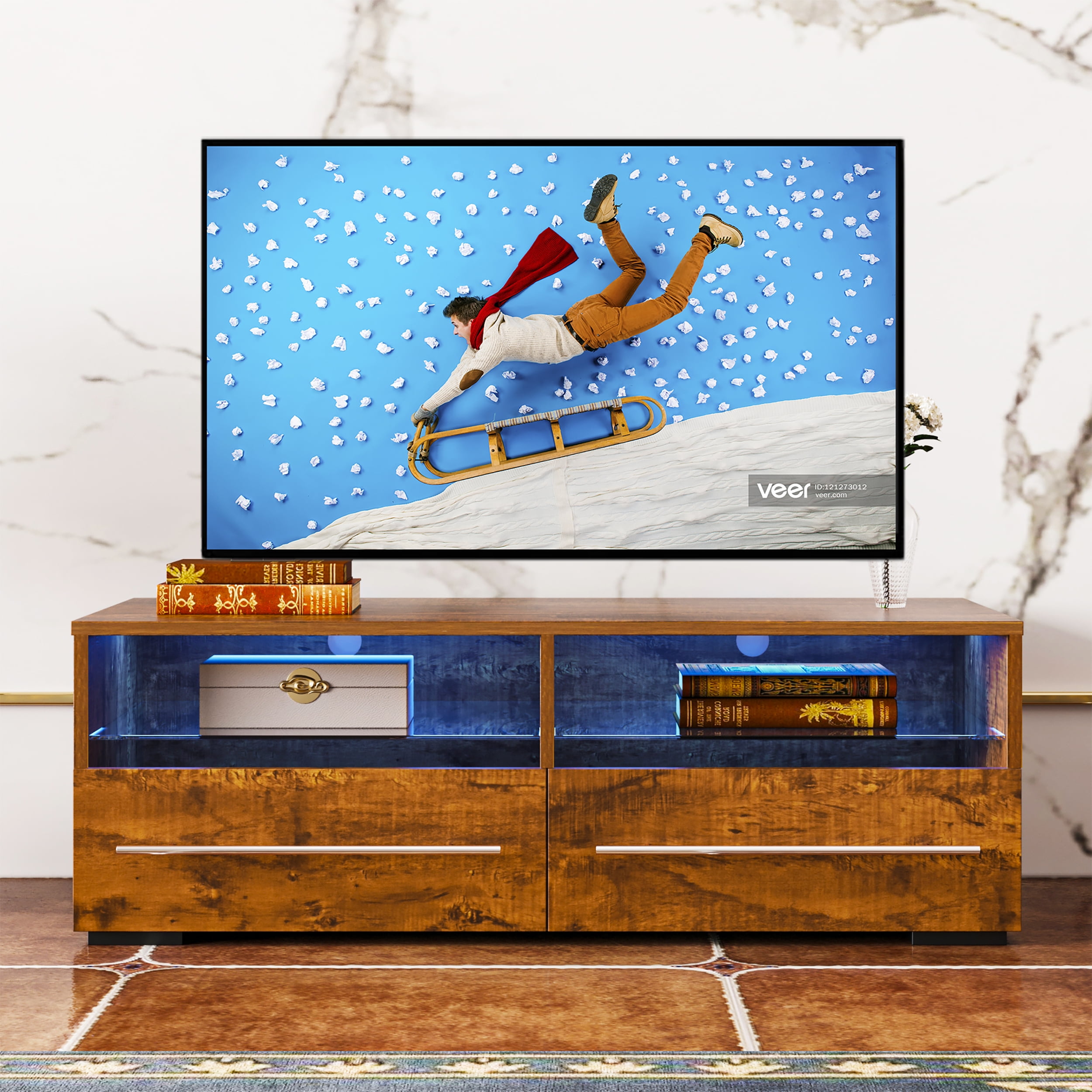 TV Stand Cabinet, Seizeen Entertainment Center with LED Lights, Wood TV ...