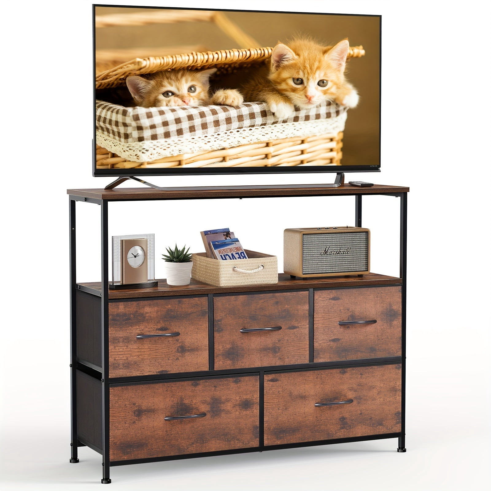 TV Stand Display case, Media Console Table with 5 Fabric Drawer,Living ...