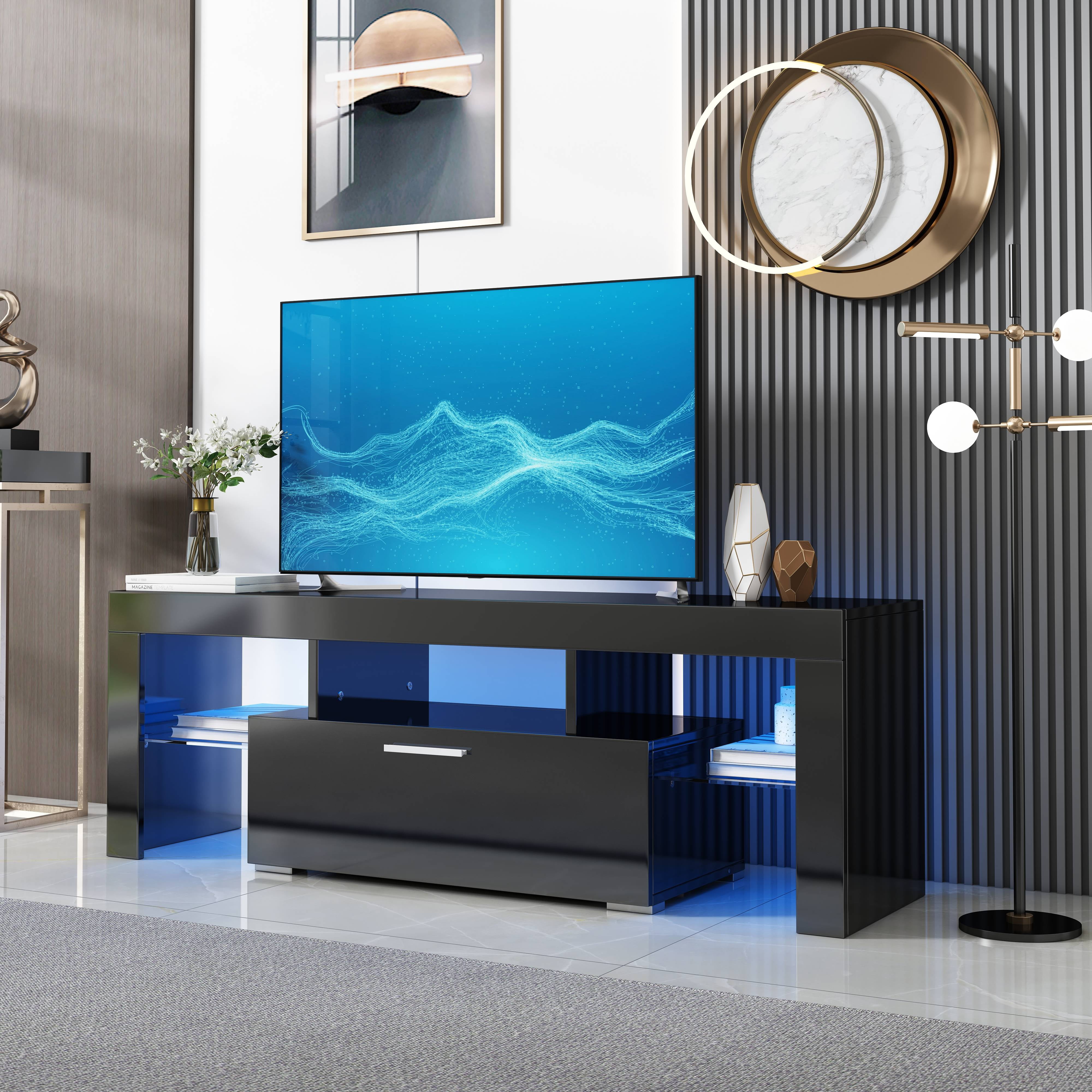 TV Stand with Drawers, Black Corner TV Console Table with 16 Colors LED ...