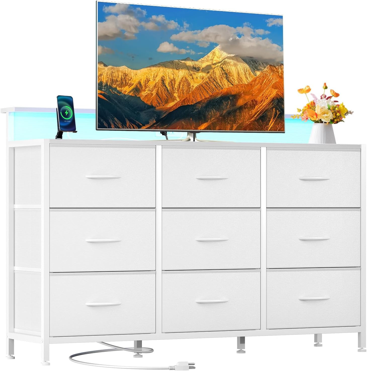 TV Stand Dresser with 9 Fabric Drawers & Open Shelves Entertainment ...