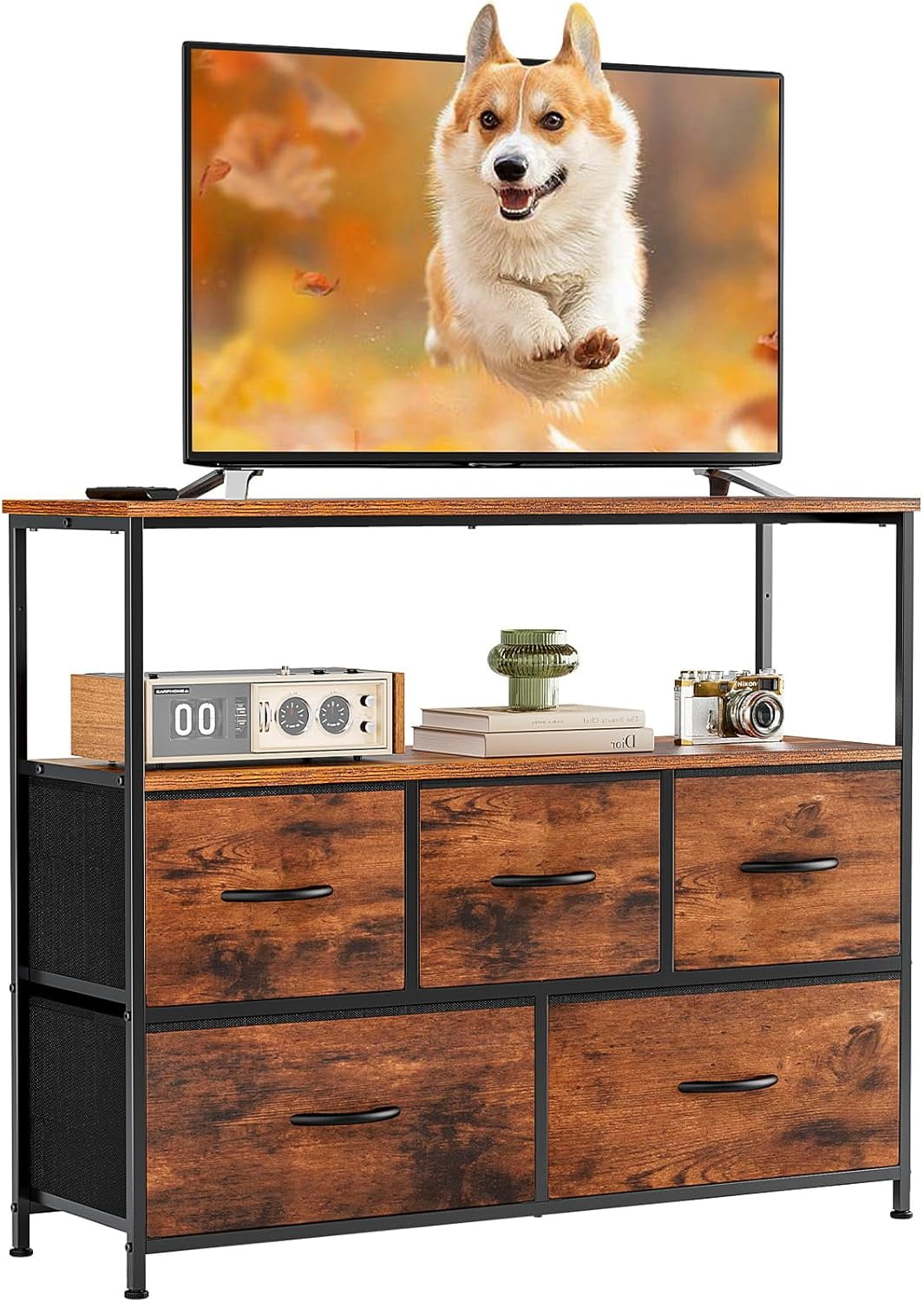 TV Stand Dresser for Bedroom with 5 Fabric Drawer,Entertainment Center ...