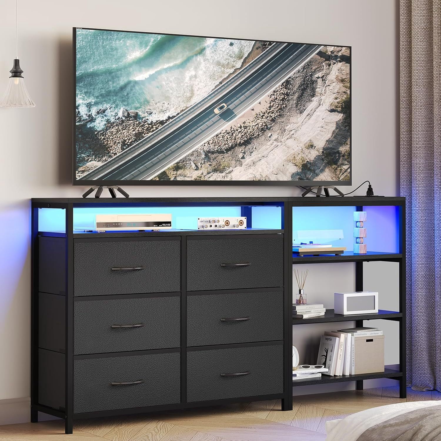 TV Stand Dresser Bedroom for 60 Inch TV with LED Lights & Charging ...