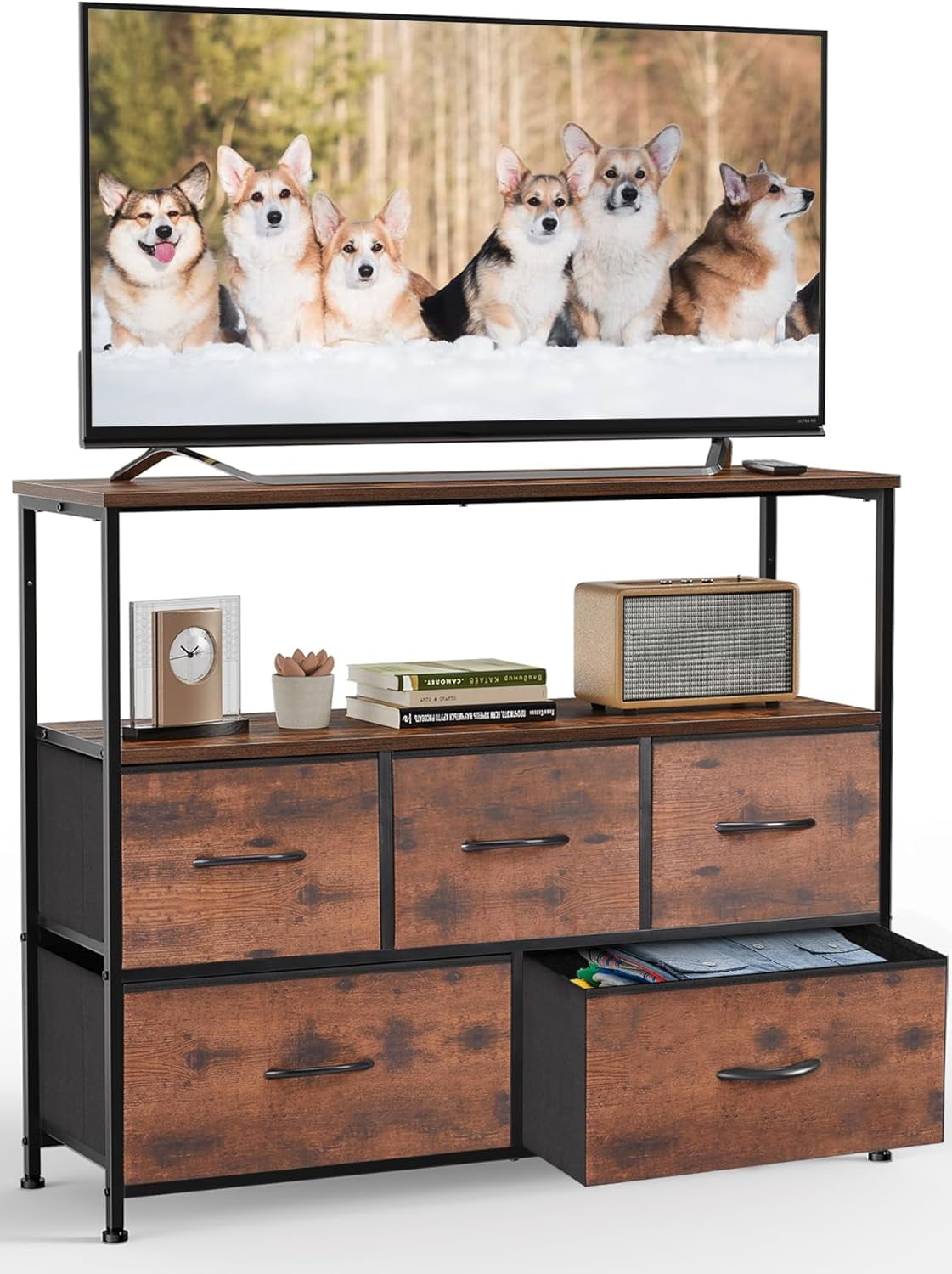 TV Stand Dresser for Bedroom Entertainment Center with 5 Fabric Drawers ...