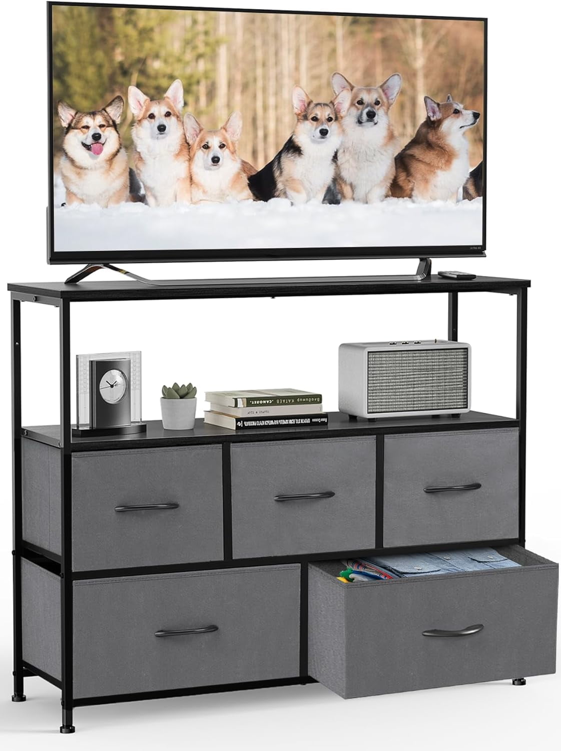 TV Stand Dresser for Bedroom Entertainment Center with 5 Fabric Drawers ...