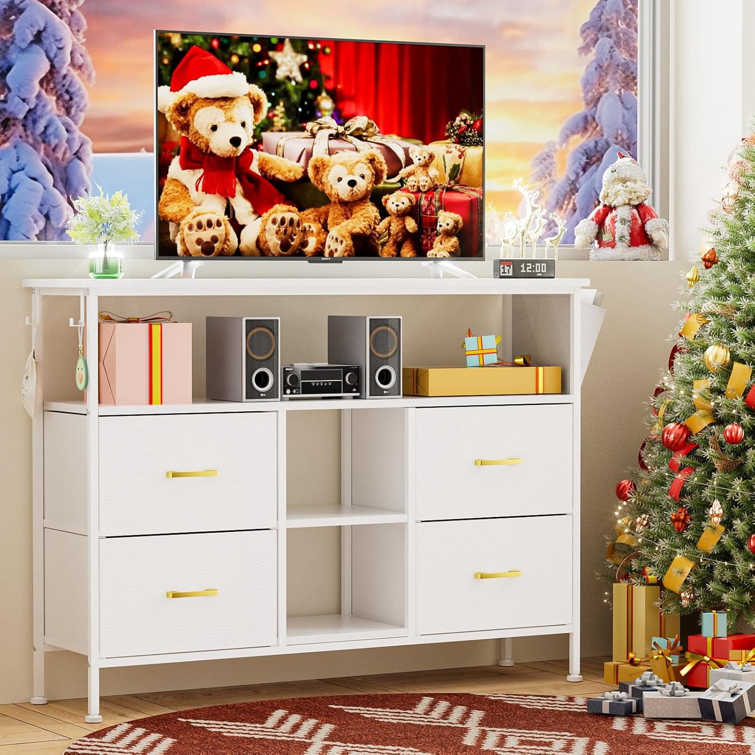 TV Stand Dresser with Power Outlets and LED Lights, 4 Fabric Drawers ...