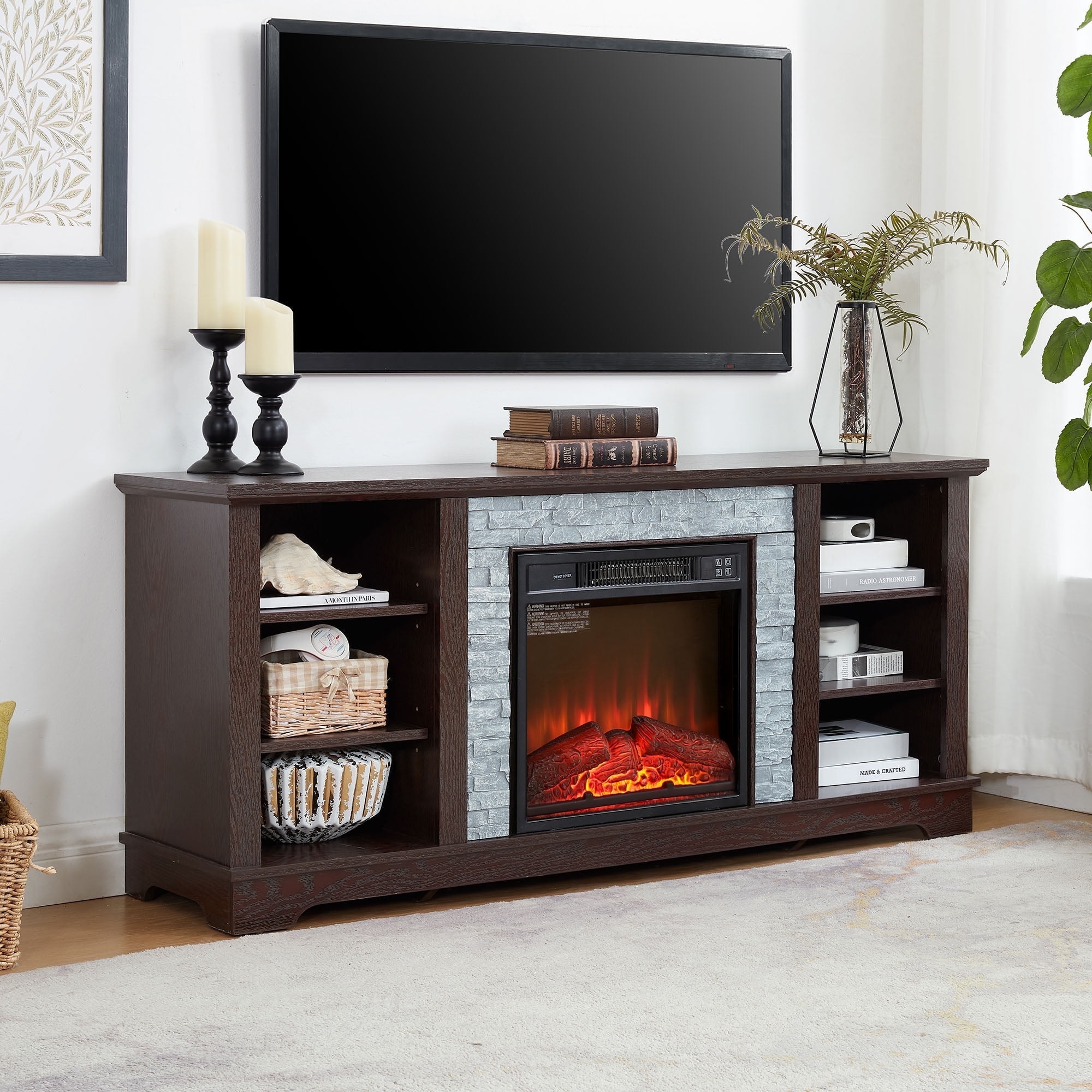 S-HOME TV Stand Modern Electric Fireplace Faux Stacked Stone Surround ...