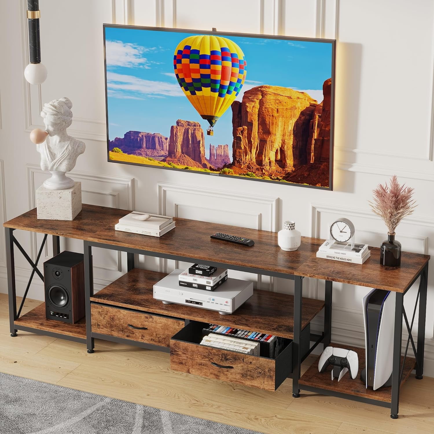 TV Stand with Fabric Drawers - Entertainment Center and Industrial ...